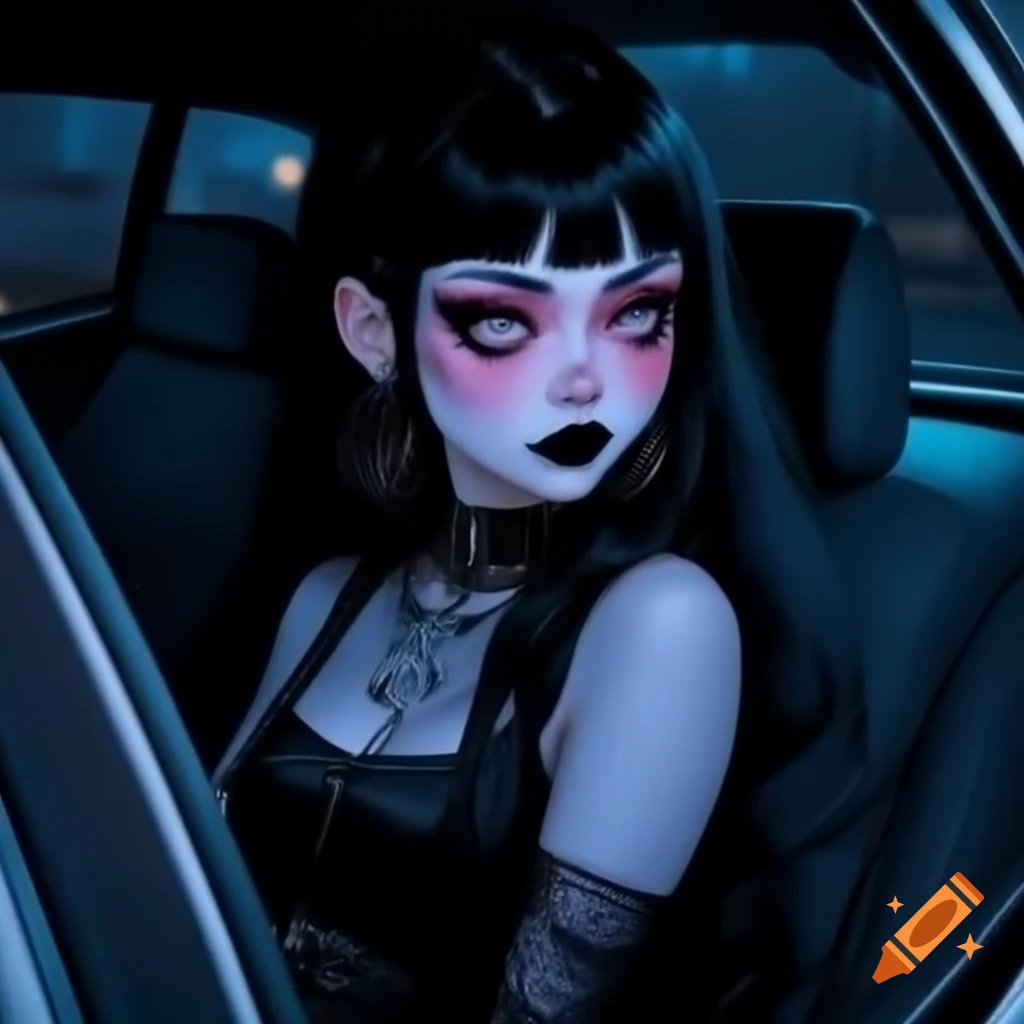 Goth girl with black hair and makeup sitting in car at night on Craiyon