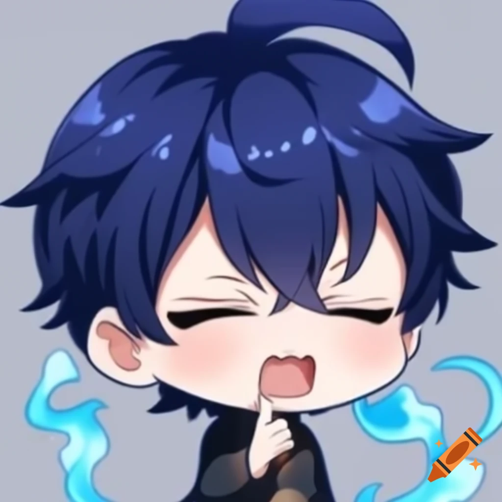 Chibi anime character with dark blue hair in a relaxed pose on Craiyon