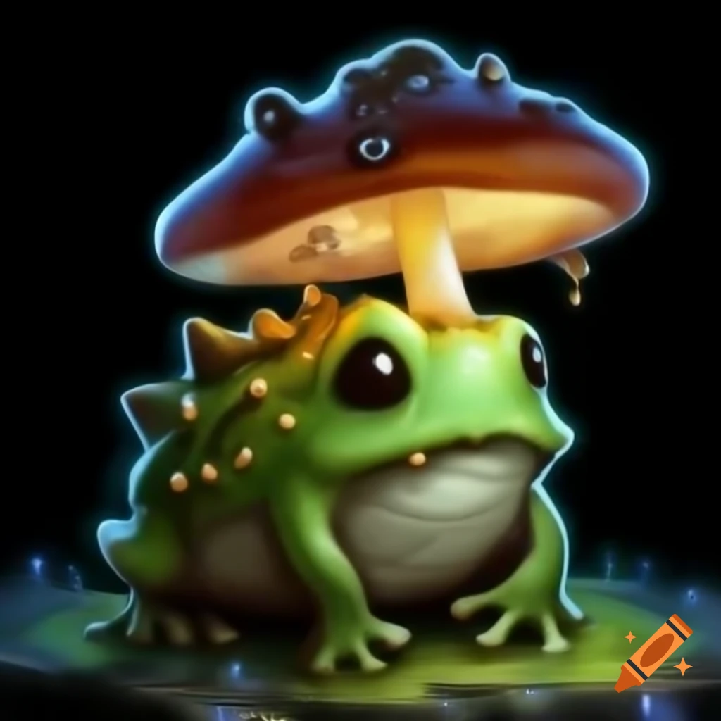 Whimsical toad and Cthulhu fusion with bioluminescent mushroom glowing in the dark on Craiyon