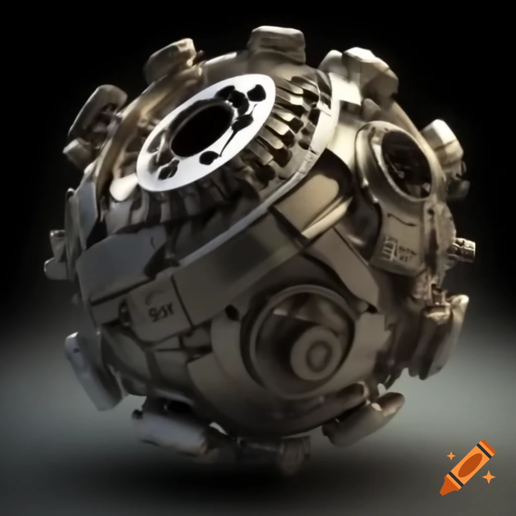 Complex round metal orb with shiny and brushed surfaces, displaying ...