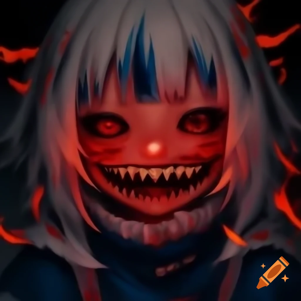 Close-up of Gawr Gura's face with demonic features and flames in ...