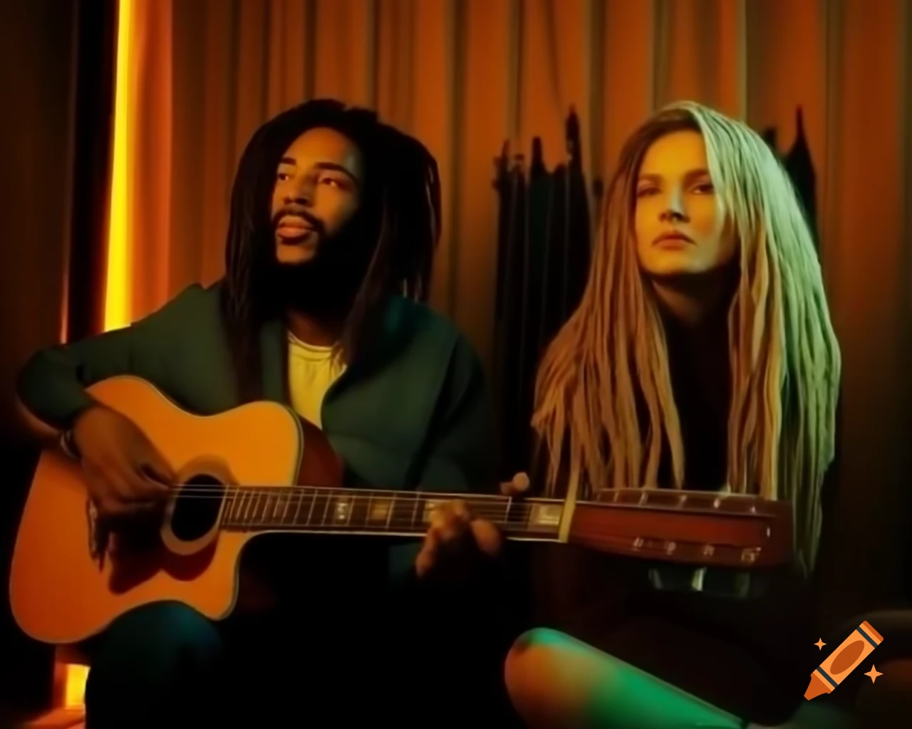 Man with dreadlocks playing guitar and blonde woman singing in reggae ...