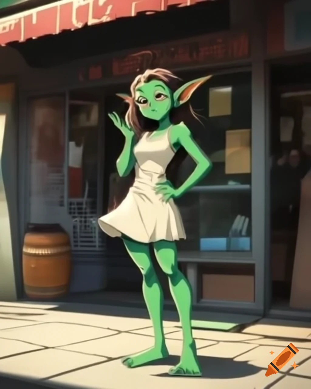 Green-skinned goblin girl in dress posing playfully in front of shop ...
