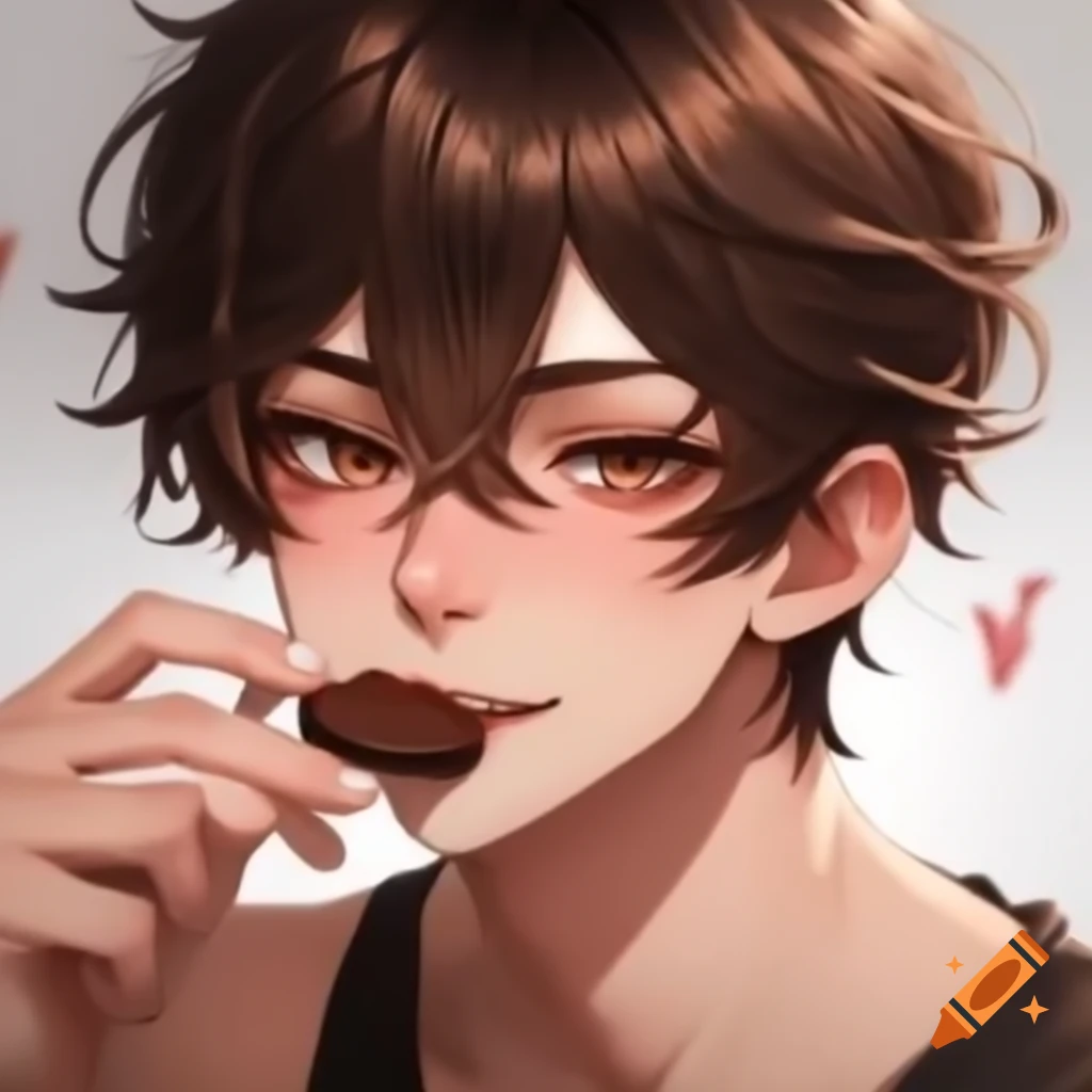 Anime character with brown hair and cheeky expression holding brownie ...