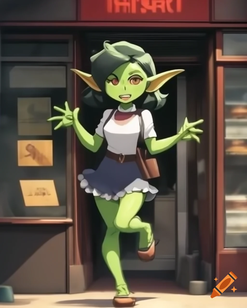 Skinny green-skinned goblin girl in dress posing playfully in front of ...