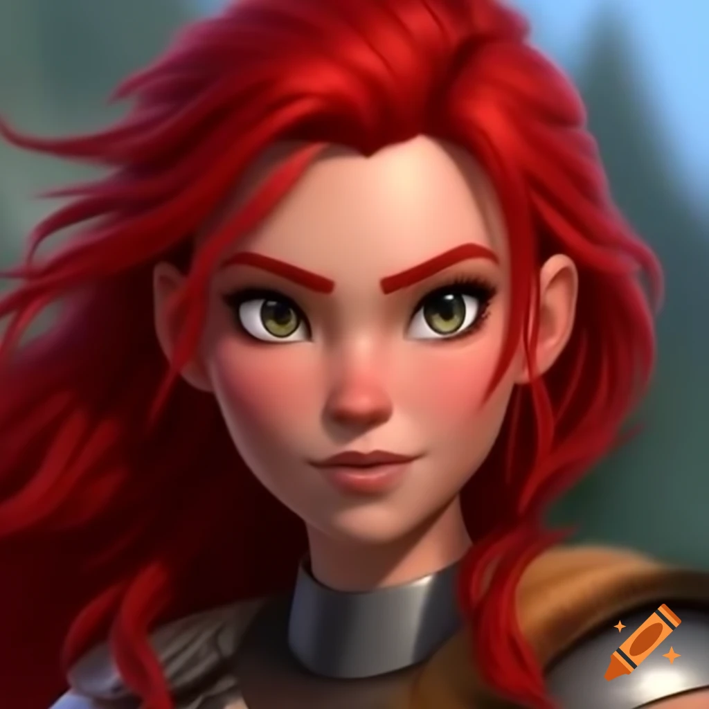 Courageous female warrior with striking crimson-red hair in the wind on ...