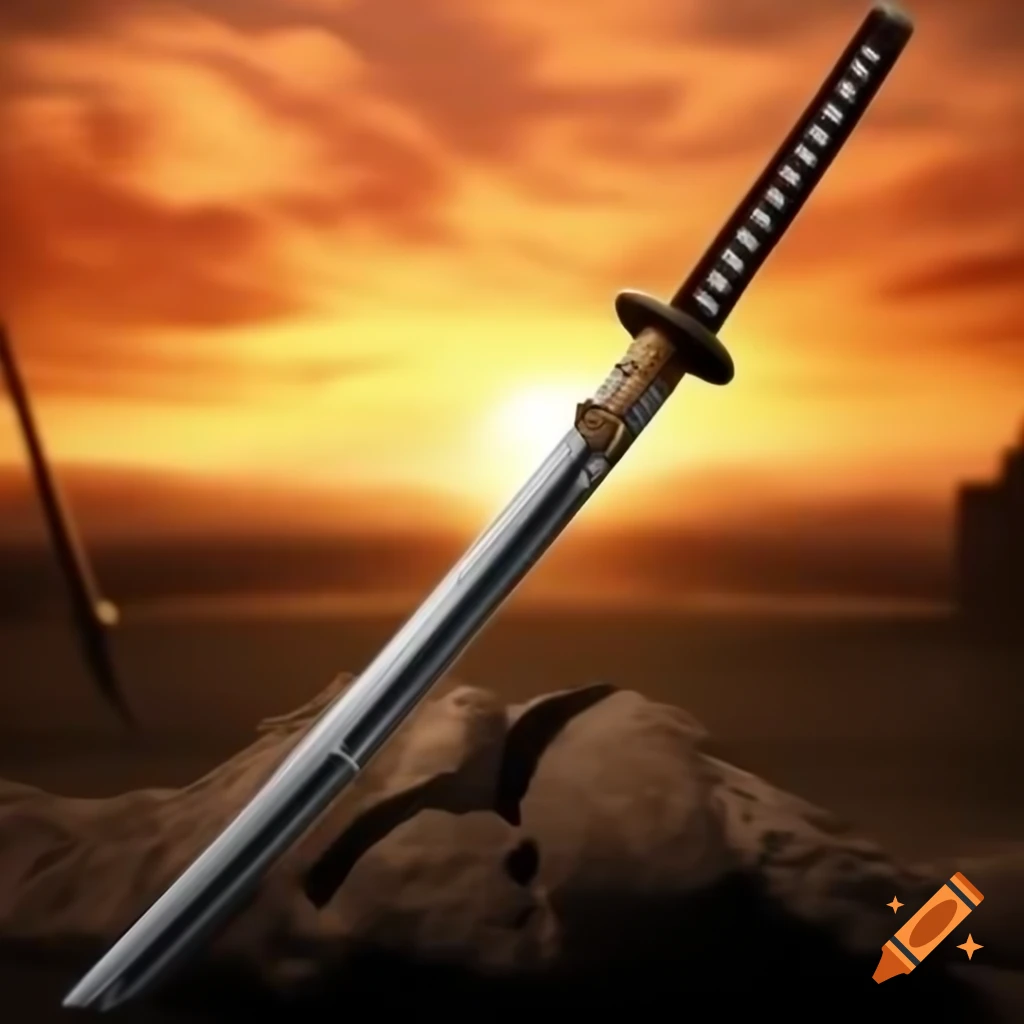 Katana sword planted in the ground with sunset backdrop on Craiyon