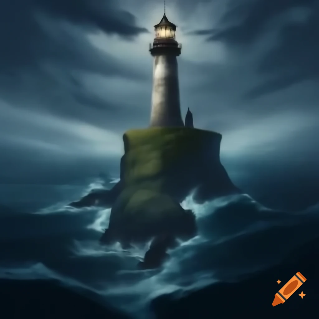 Weathered lighthouse overlooking jagged cliffs and dark sea on Craiyon