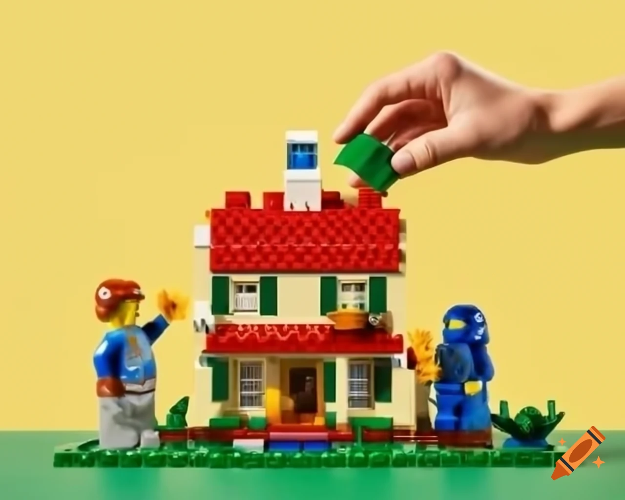 Person adding brick to LEGO house on Craiyon