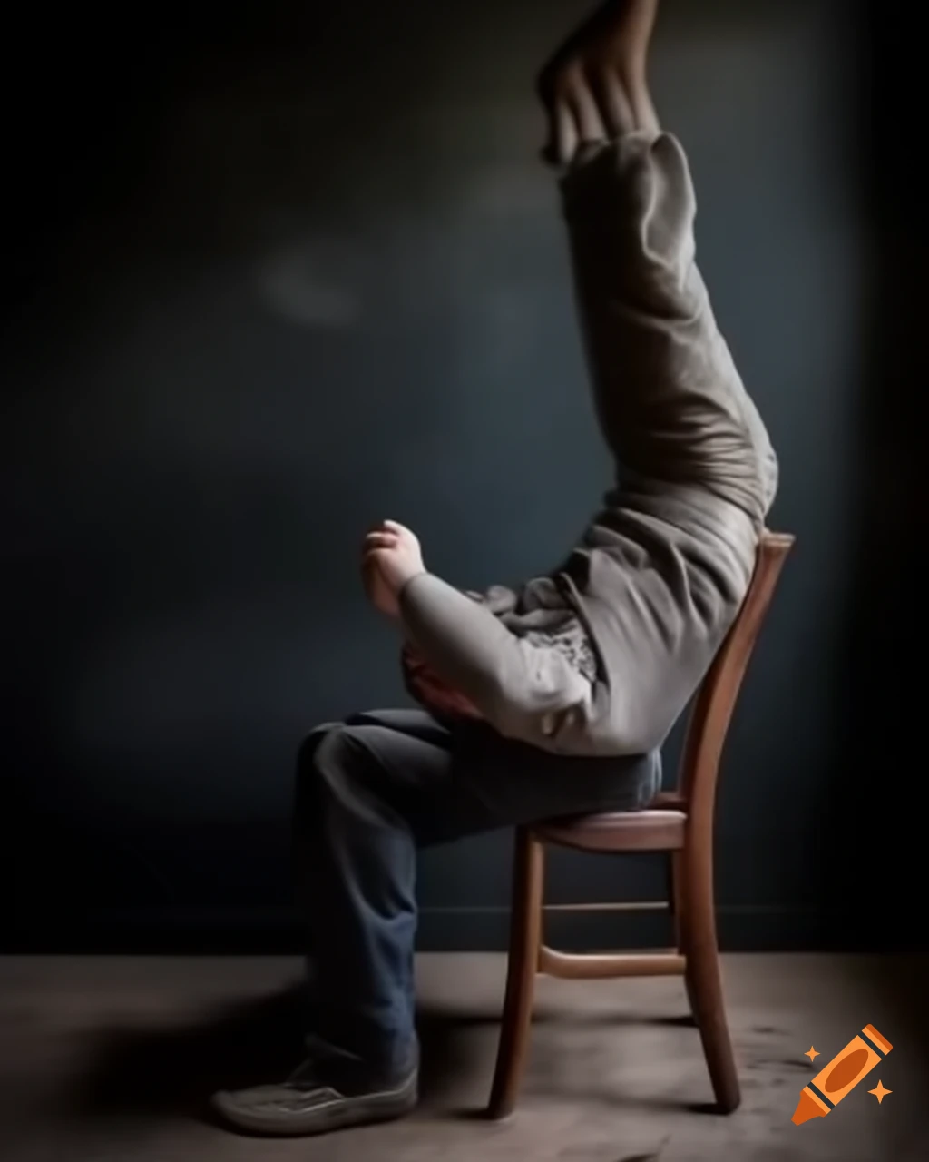 Upside down man sitting on a chair in a surreal scene on Craiyon