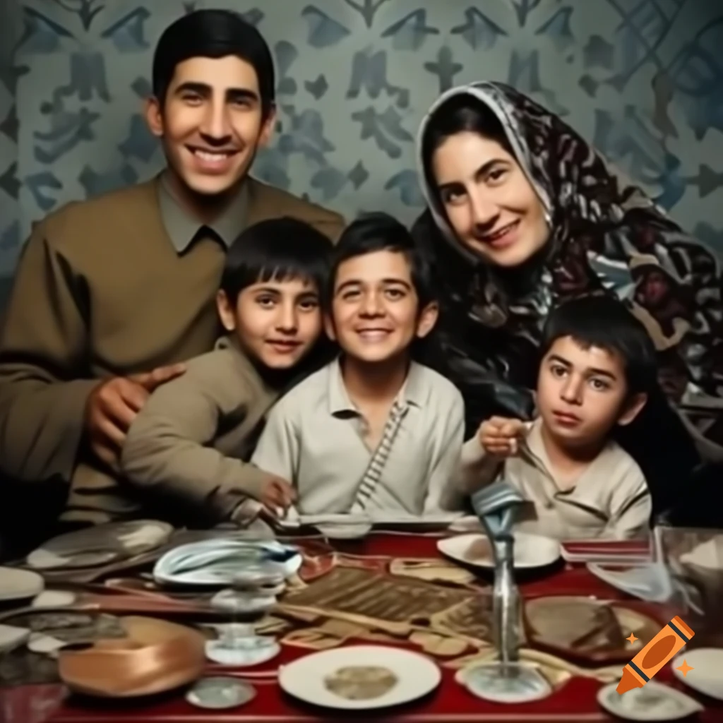 Joyful Iranian family around Haft-Seen table with traditional items and ...