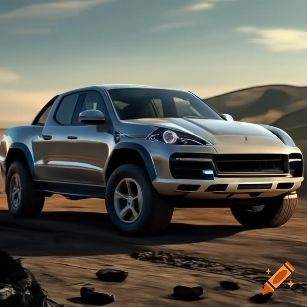 Porsche 4x4 truck navigating off-road terrain with logo on Craiyon
