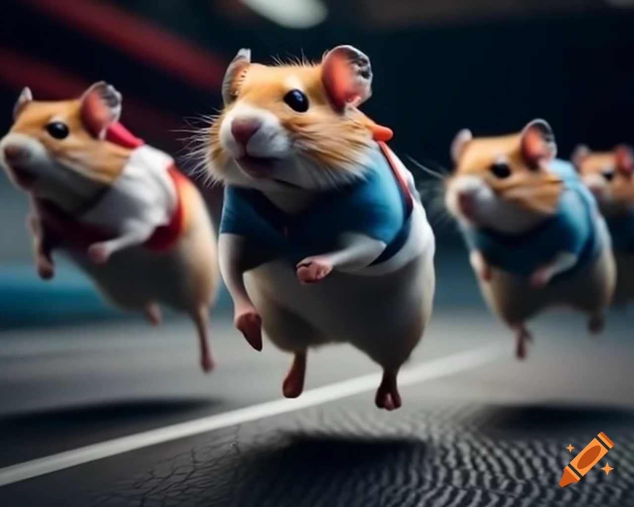 Hamsters in sportswear competing in a race, hyper-realistic photograph ...