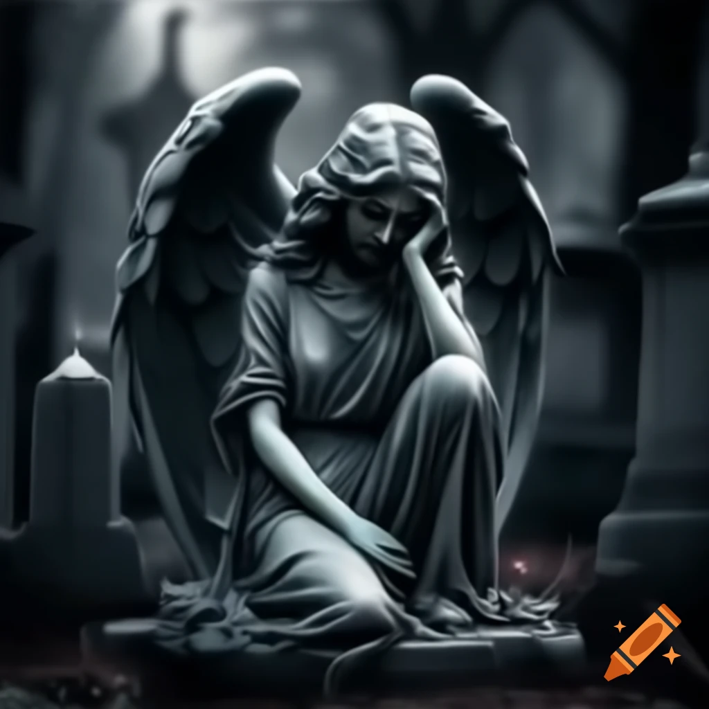 Gothic crying angel statue in cemetery with wings, anime style, gloomy ...