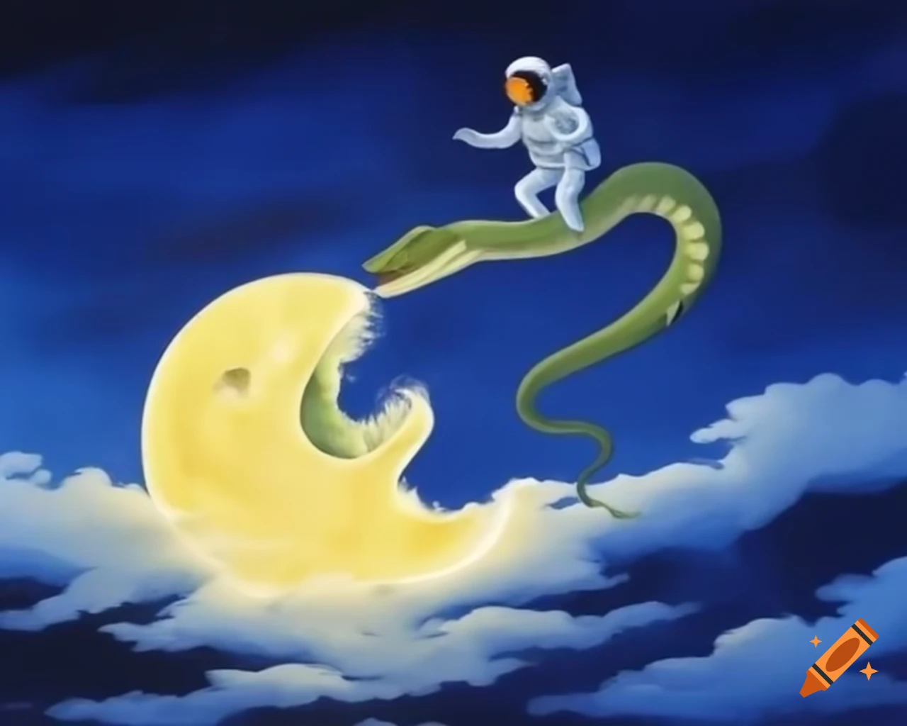 Astronaut riding giant snake on moon with dramatic light, Studio Ghibli ...
