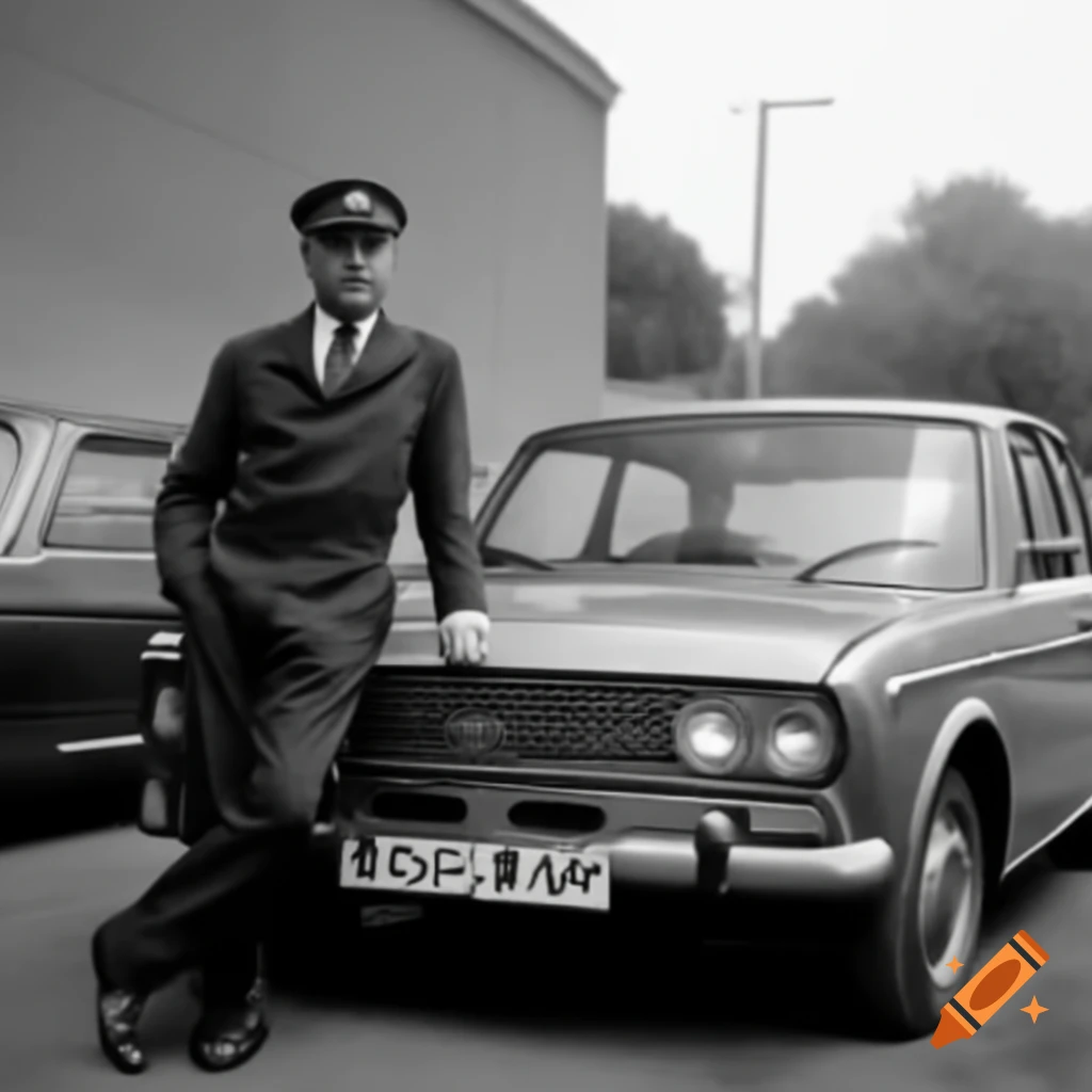 Stereotypical Lada 2106 driver standing in front of his colorful car on ...