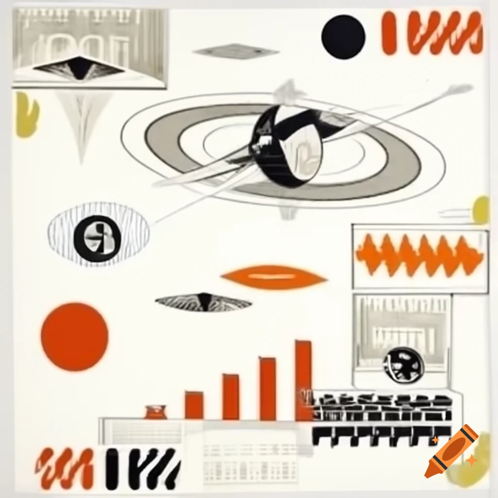 Retro 1950s graphic surrealist scene with strange forms on white ...