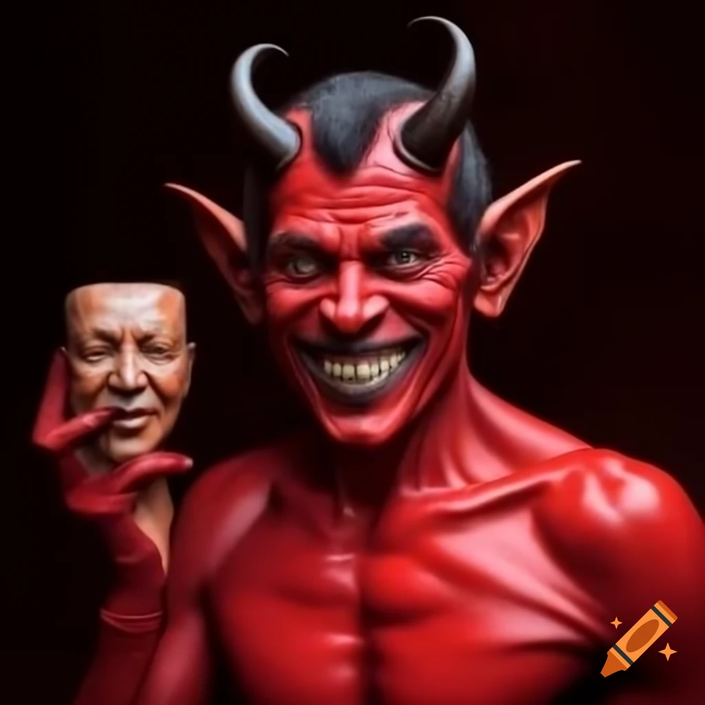 Devil with horns and sly smile holding Recep Tayyip Erdoğan mask on Craiyon