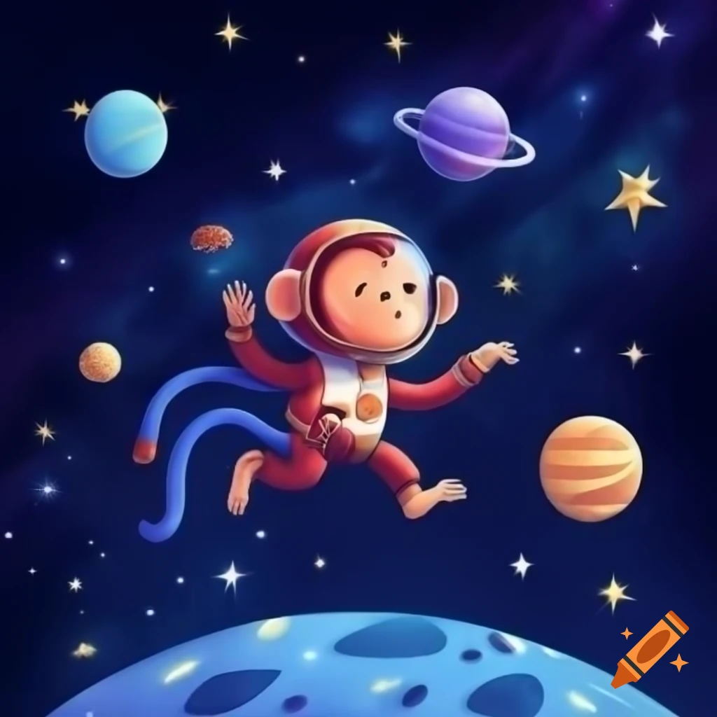 Monkey in astronaut suit jumping on moon with planets and stars on Craiyon