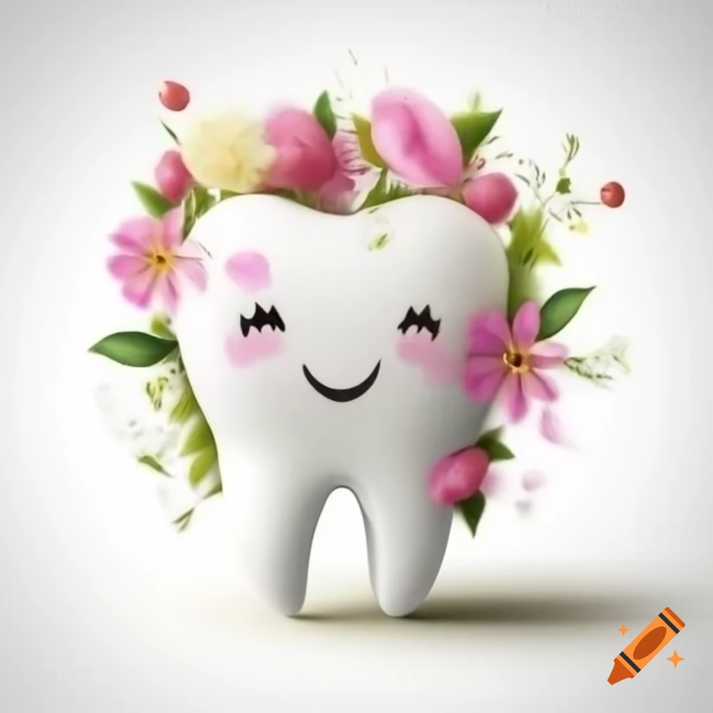 Spring-themed decorated tooth with floral accents on white background ...