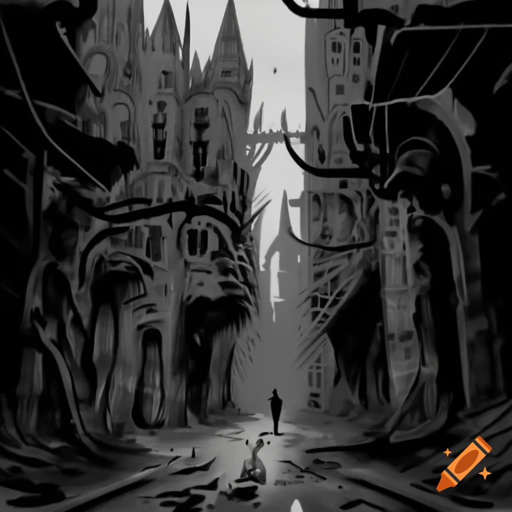 Monochromatic pen drawing of decaying urban alleyway with gothic ...