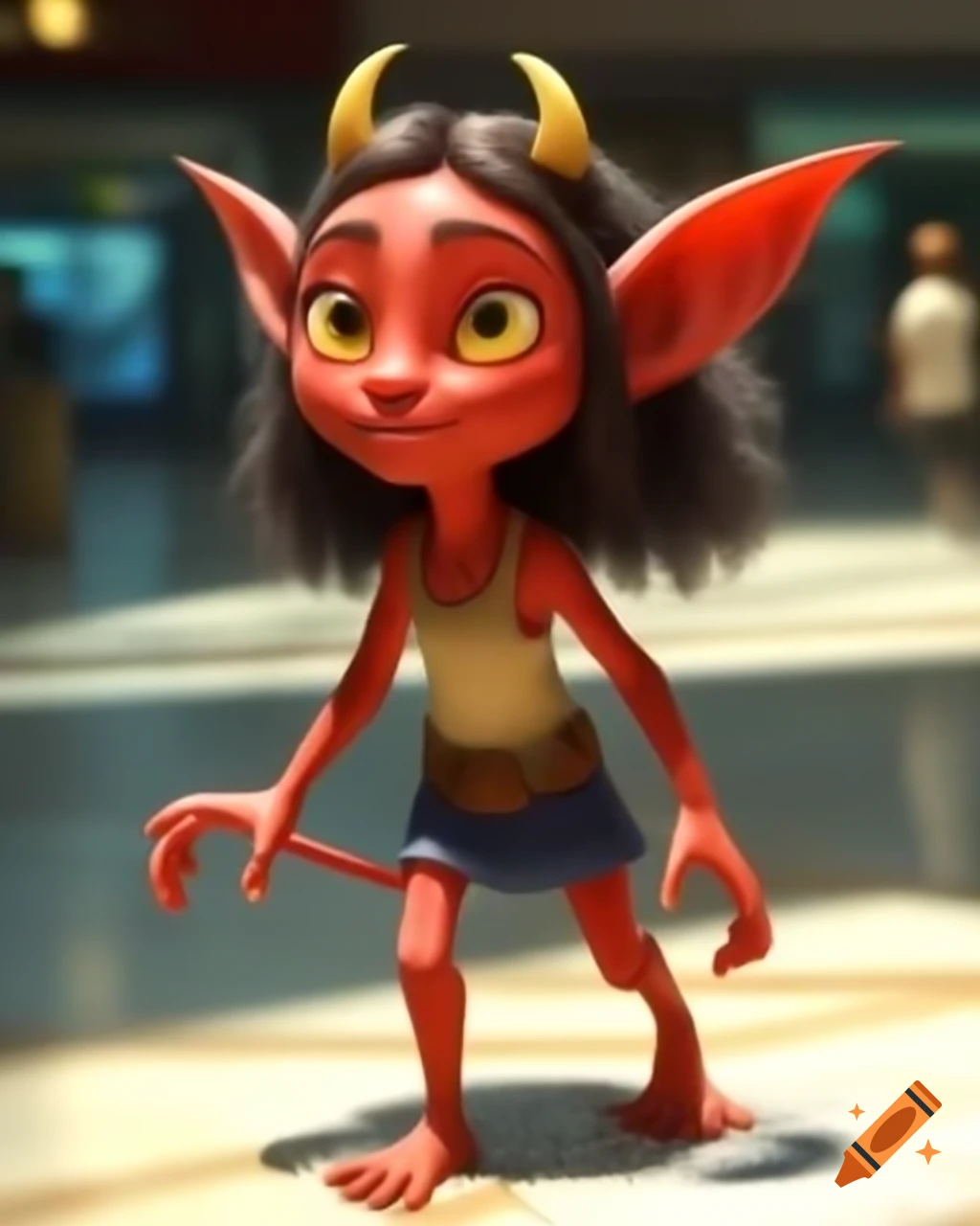 Anime character with red skin, goblin ears and horns walking in a mall ...