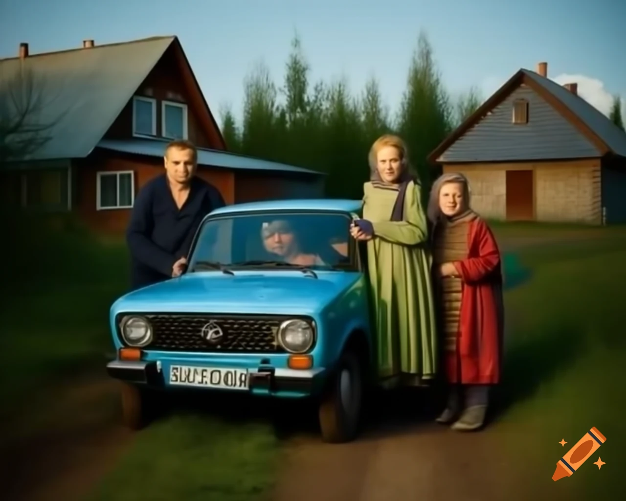 Stereotypical Slavic family photo with colorized Lada wagon and forest ...