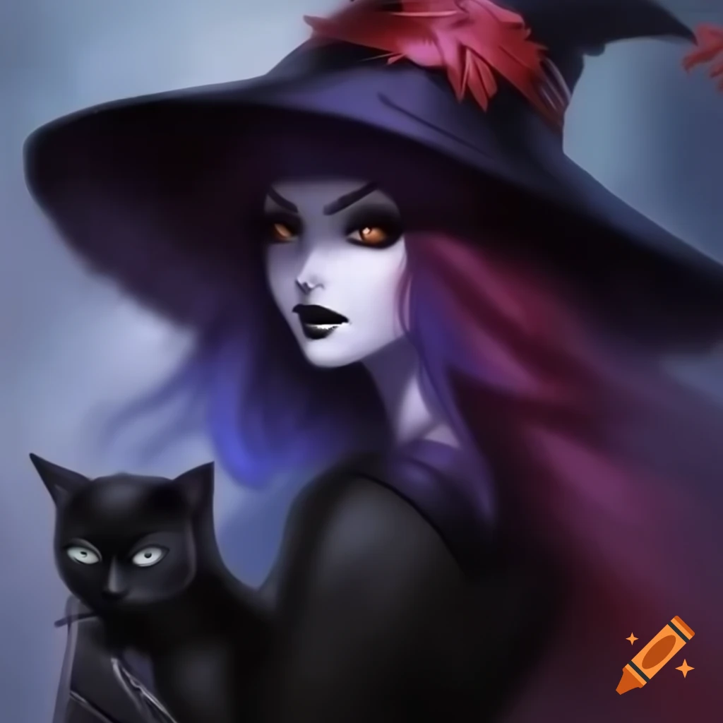 Anime witch in gothic style casting spell with cat on Craiyon