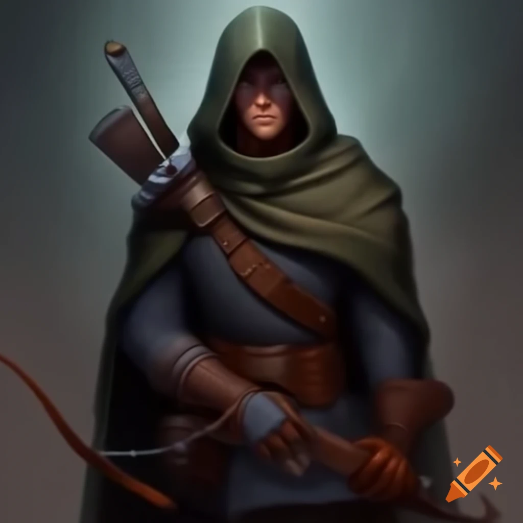 DND male ranger in cloak and bandana mask armed with bow and sword on ...