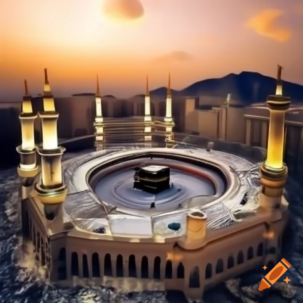 Aerial view of Grand Mosque in Mecca with Kaaba at sunset on Craiyon