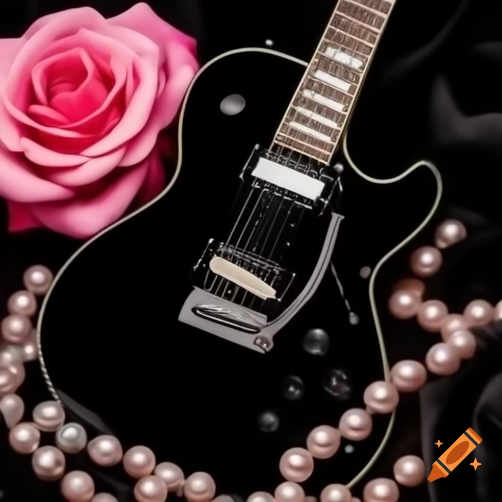 Black electric guitar adorned with diamonds and pearls alongside pink ...