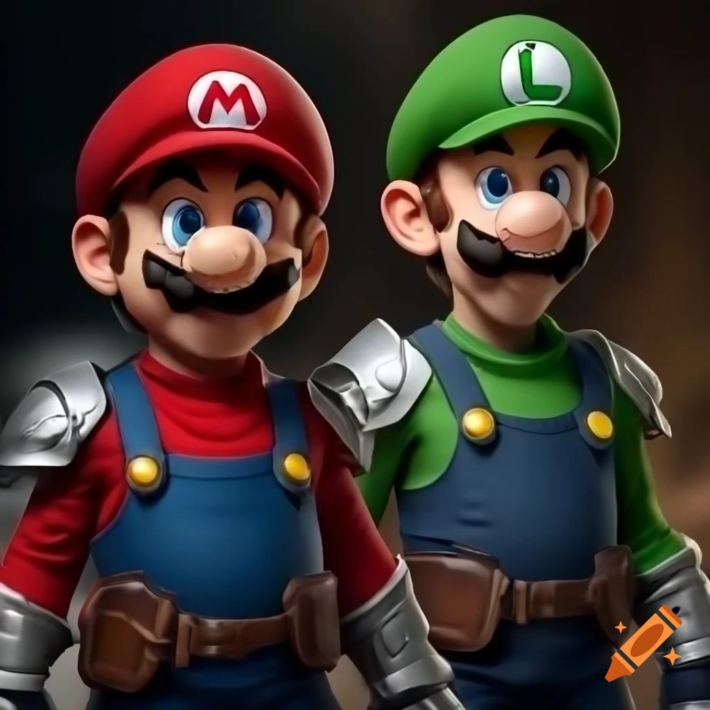 Mario and Luigi depicted in Abyssal Armor style from Darksiders on Craiyon