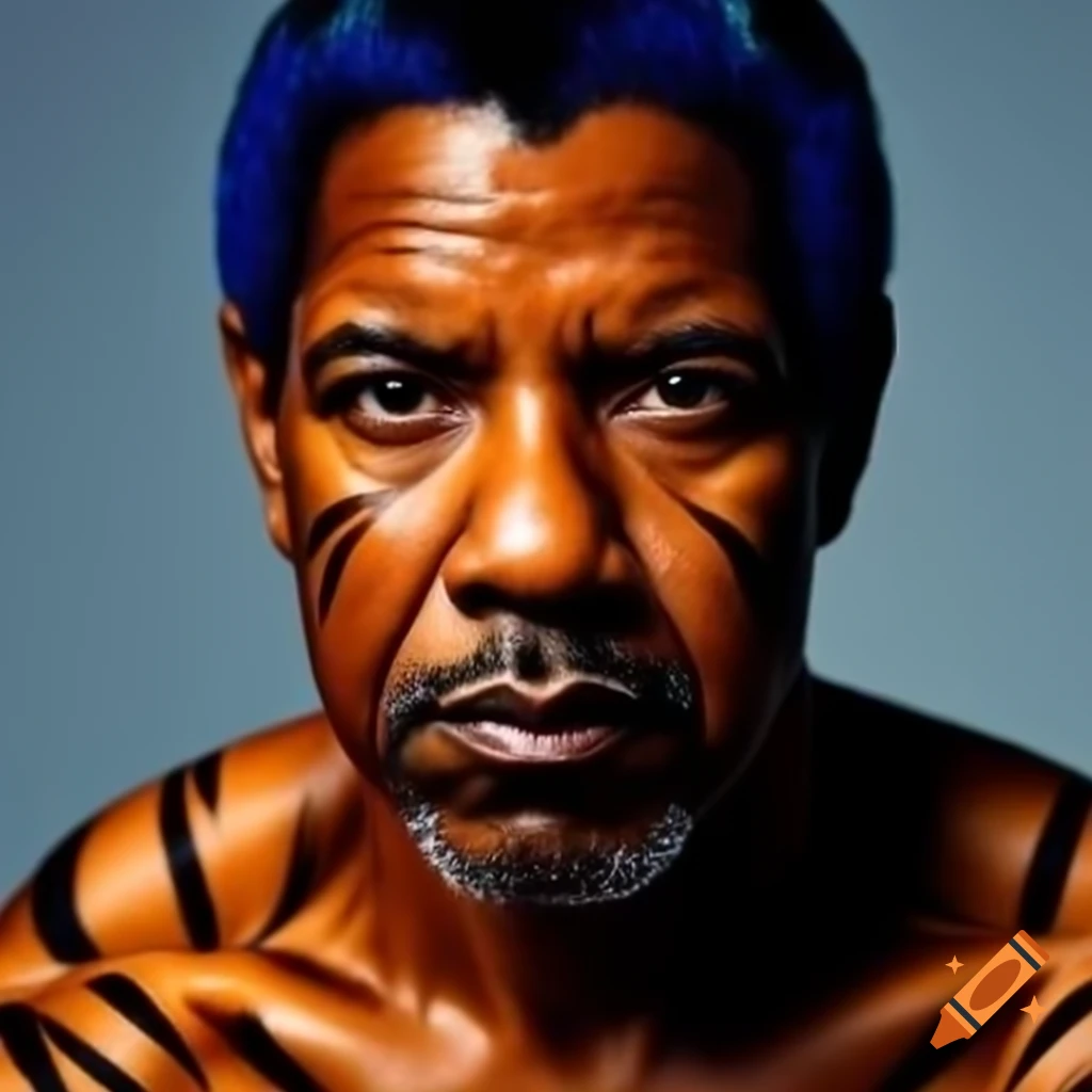Muscular man with tiger-style makeup featuring blue hair and orange ...