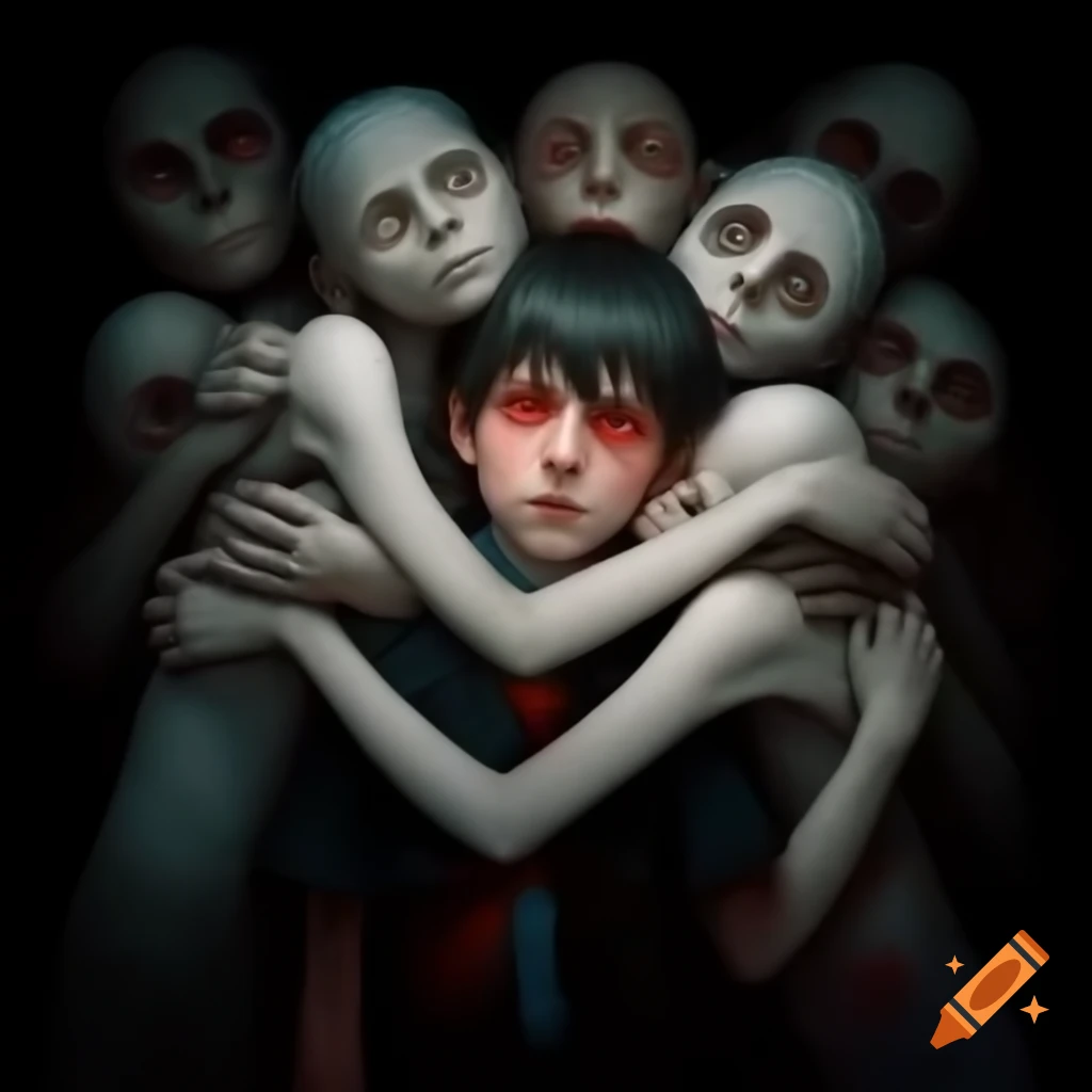 Sad boy embracing his vampire alter ego surrounded by humans on Craiyon