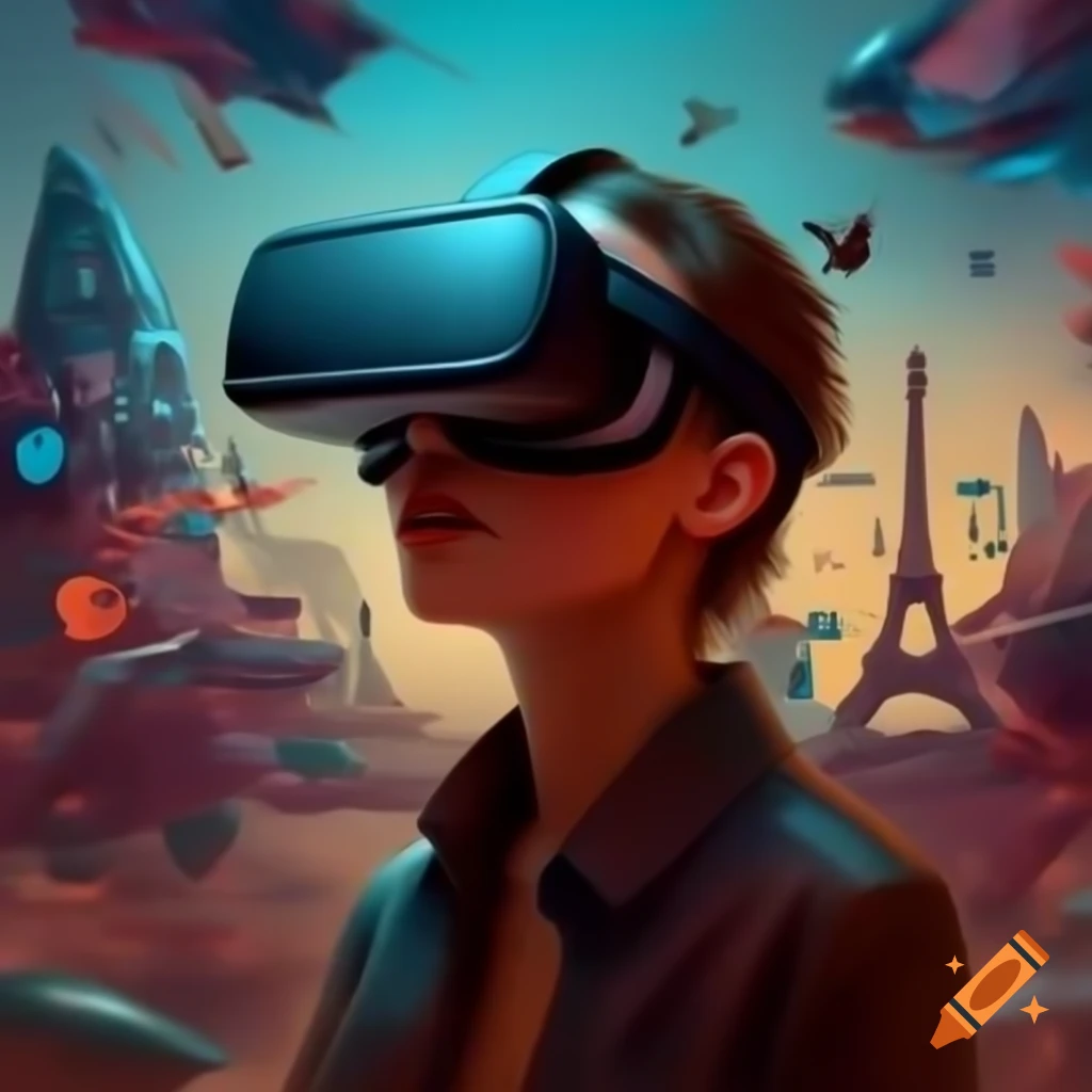 Person in VR goggles with surreal dreamscape including Eiffel Tower and ...