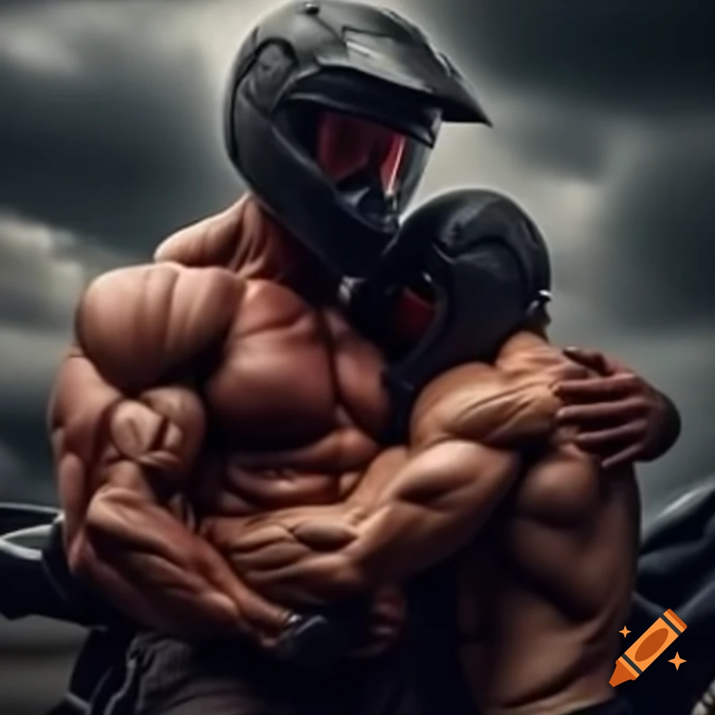 Muscular biker in soldier helmet hugging another biker on Craiyon