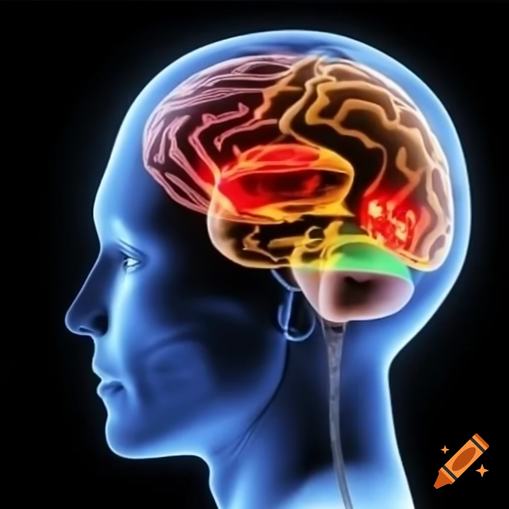 Anatomical illustration of human head highlighting brain regions with ...