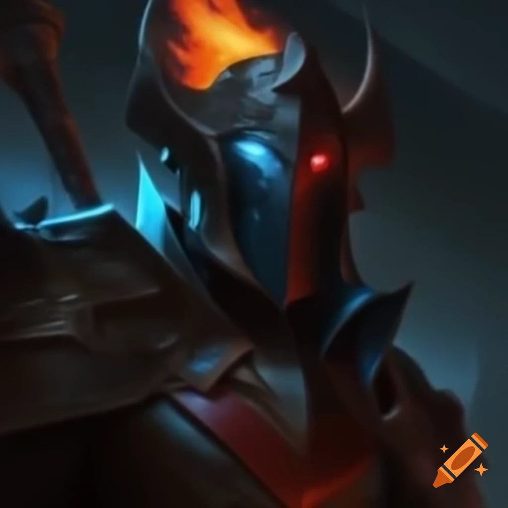 Black armored knight with horned helmet wielding flaming blue scimitar ...