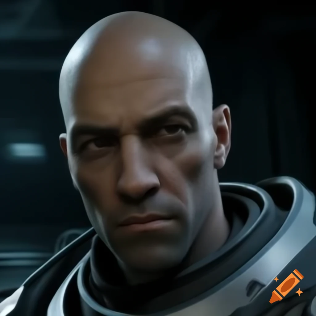 Young bald man in bulky futuristic armor in abandoned metro setting ...