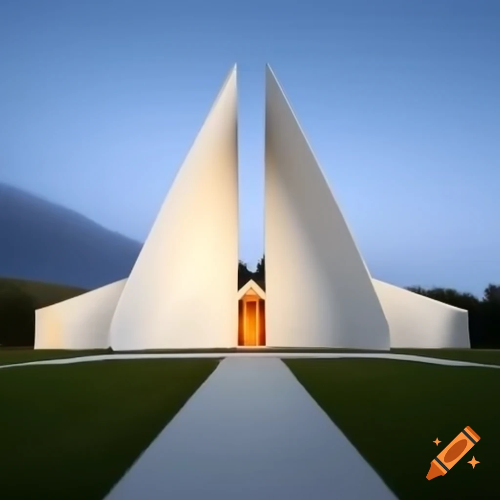 Modern, clean white church shaped like the Star of Bethlehem on Craiyon