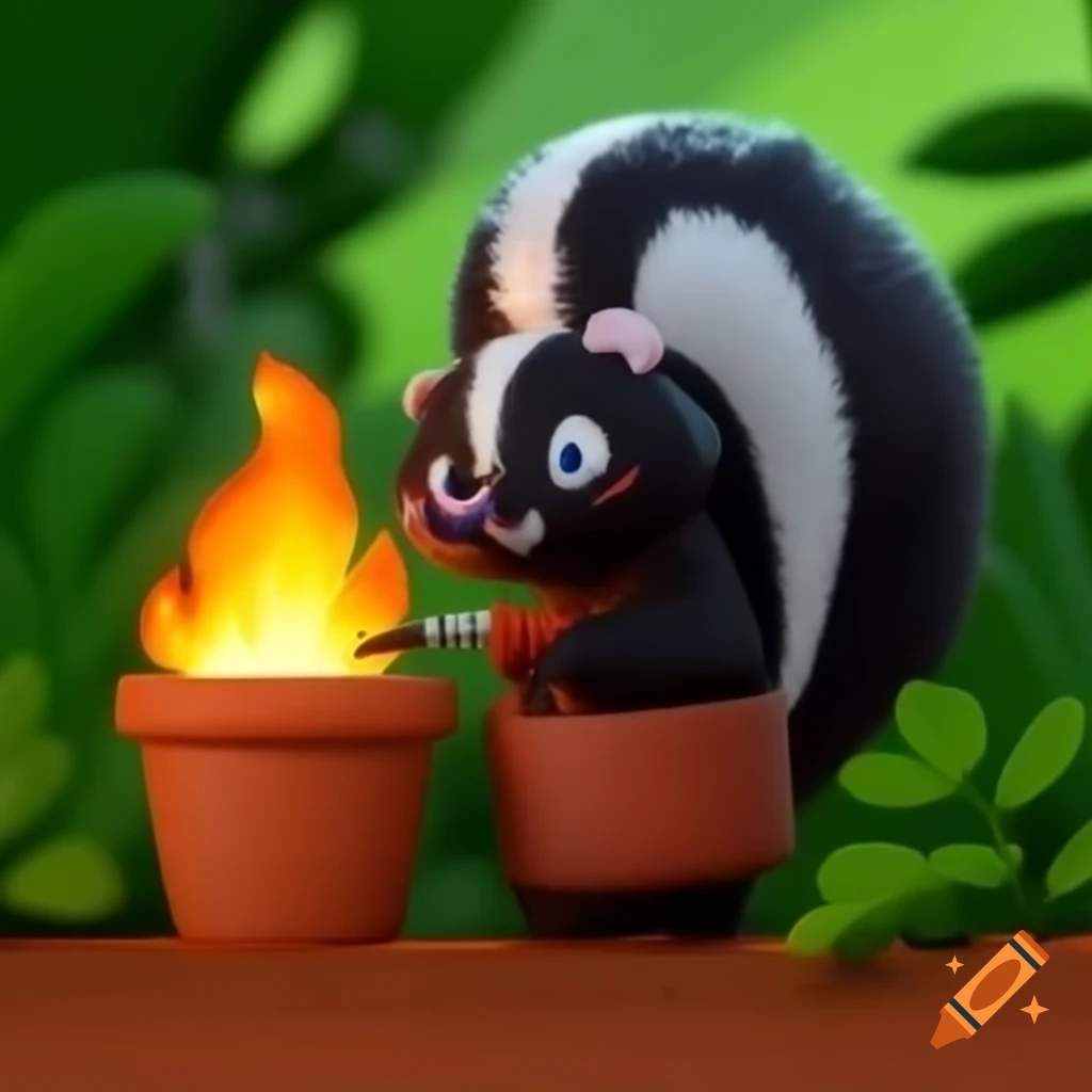 Skunk character spraying fire from plant pot, whimsical style on Craiyon