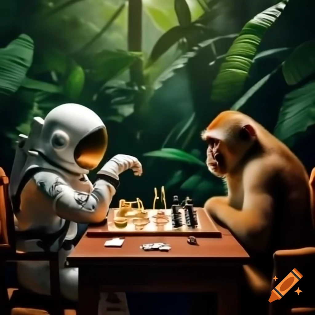 Astronaut and monkey playing chess at a table in a jungle setting on Craiyon