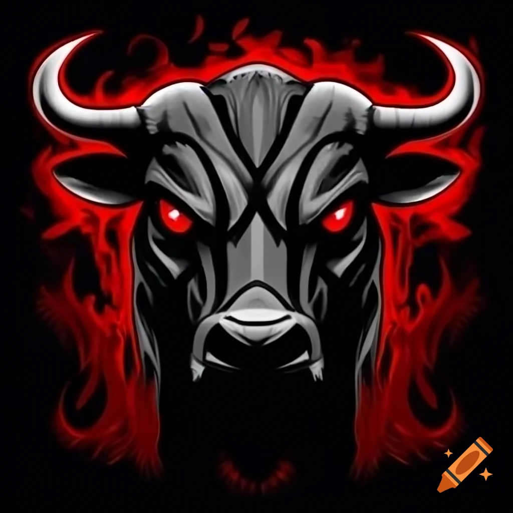 Black and white image of a bull with red flares around eyes on Craiyon
