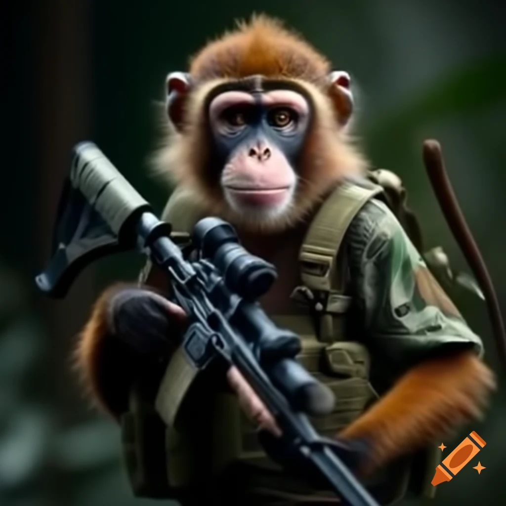 Monkey in camouflage attire holding a sniper rifle on Craiyon