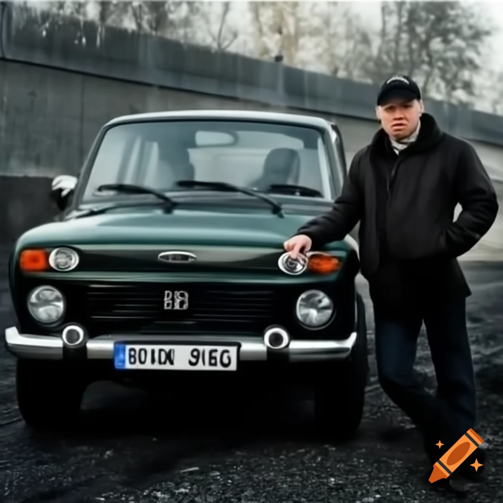 Stereotypical Russian driver standing in front of a new Lada Niva, 2014 ...