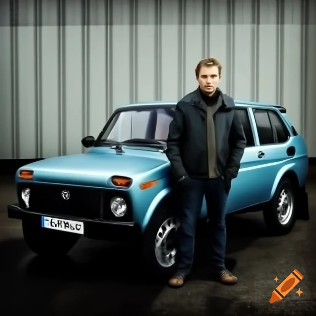 Stereotypical Russian driver standing in front of a new Lada Niva, 2014 ...