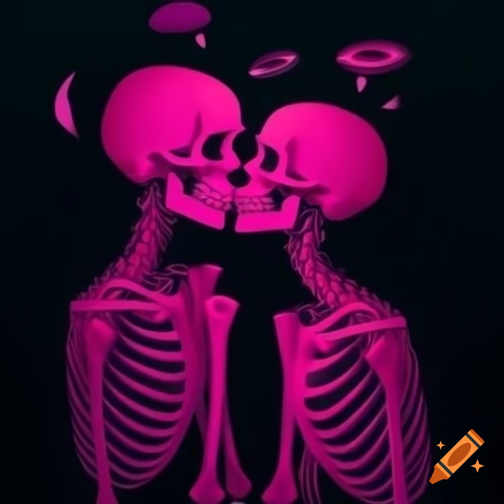 Stylized pink X-ray of two skeletal figures kissing in profile on Craiyon