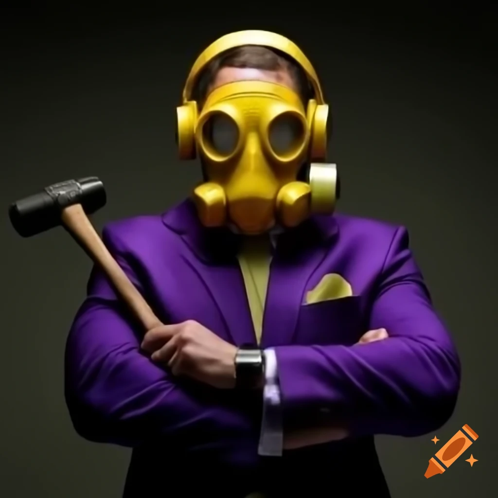 Man in yellow gas mask and purple suit holding sledgehammer on Craiyon