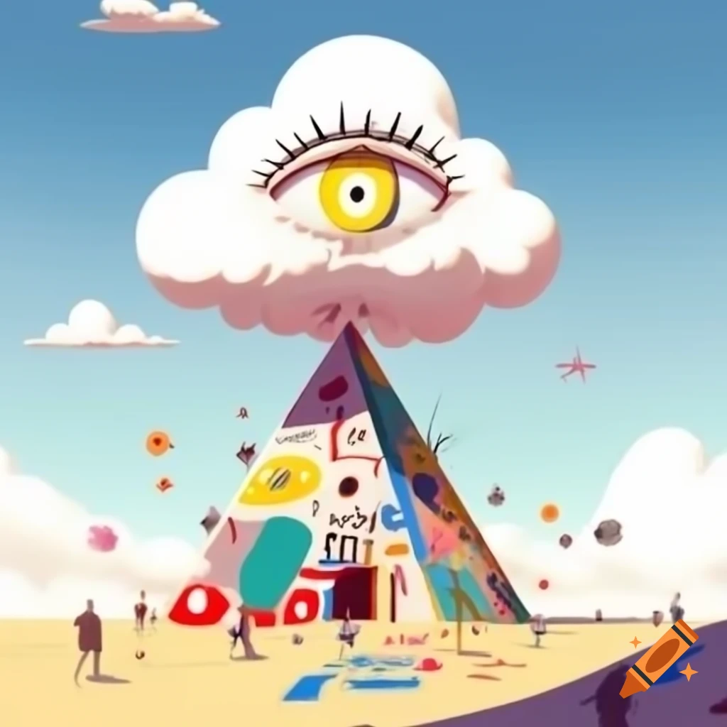 Colorful triangle on sandy ground with floating cloud and drawn eye on ...