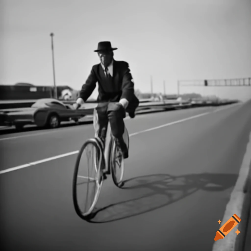 Criminal riding bicycle awkwardly on busy highway on Craiyon